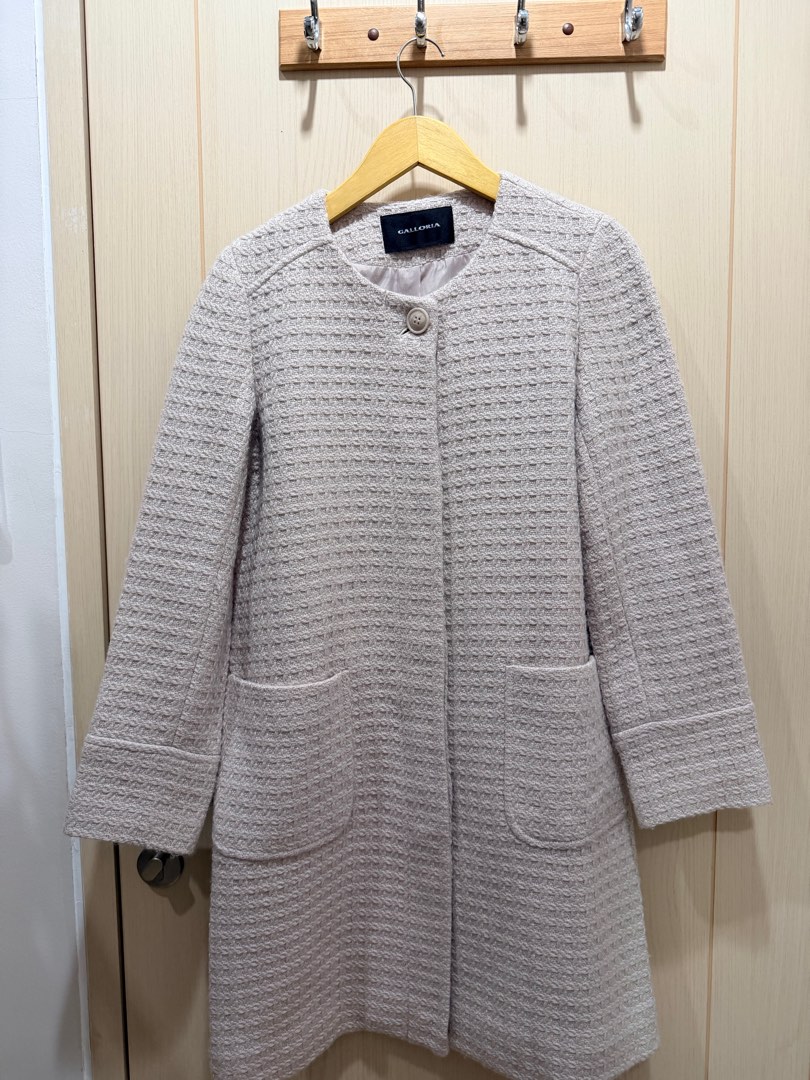 Outer winter coat tweed panjang warna dusty pink brand Jepang, Fesyen ...