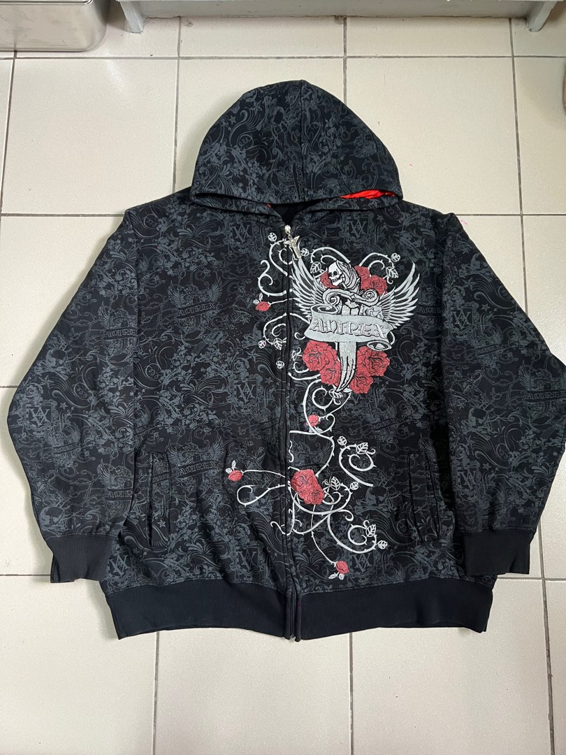Avirex aop knife skull rose Zip-Up Hoodie y2k grunge, Men's Fashion ...