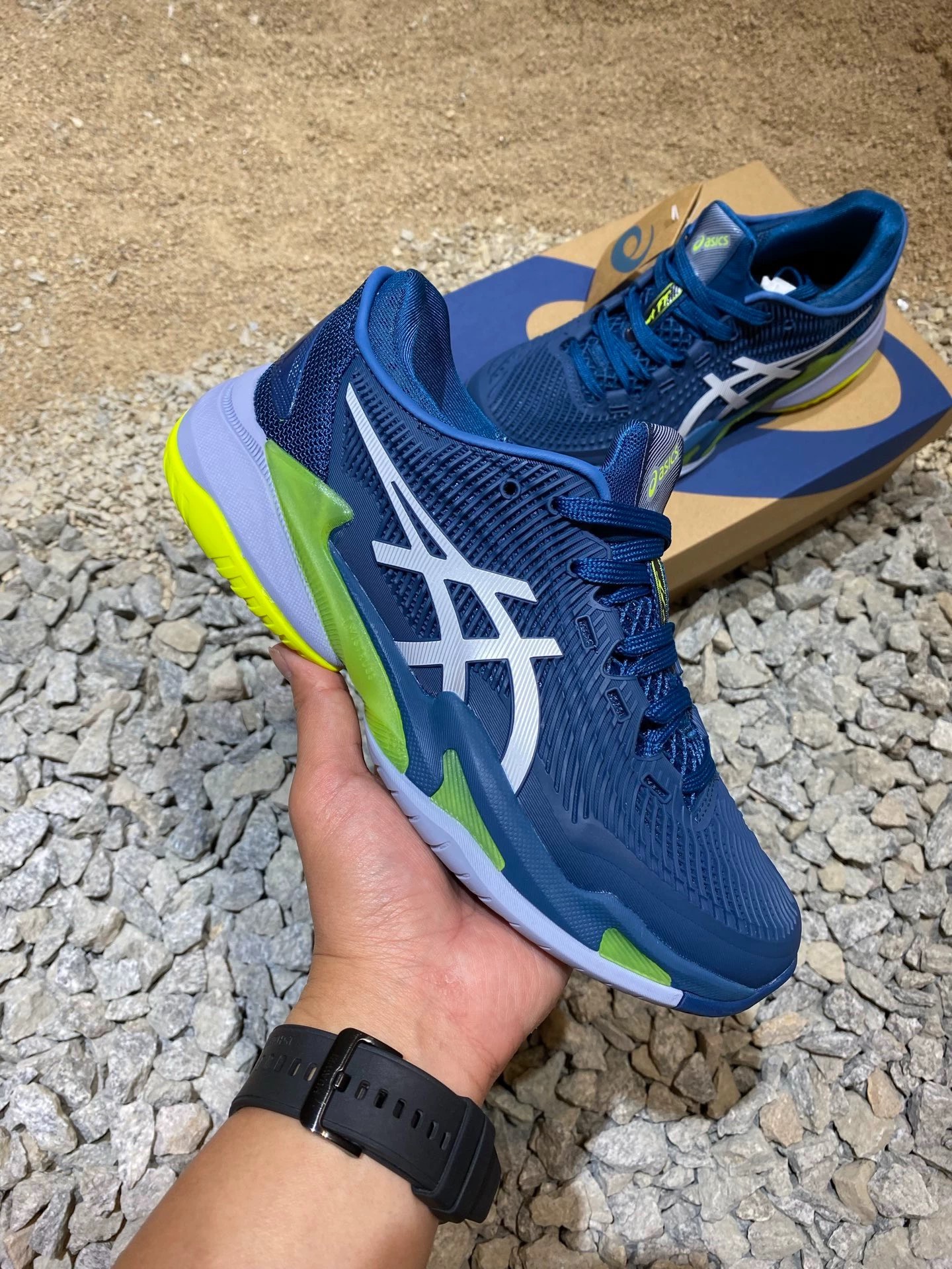 Asics COURT FF3 Djokovic tennis shoes dark blue fluorescent yellow ...