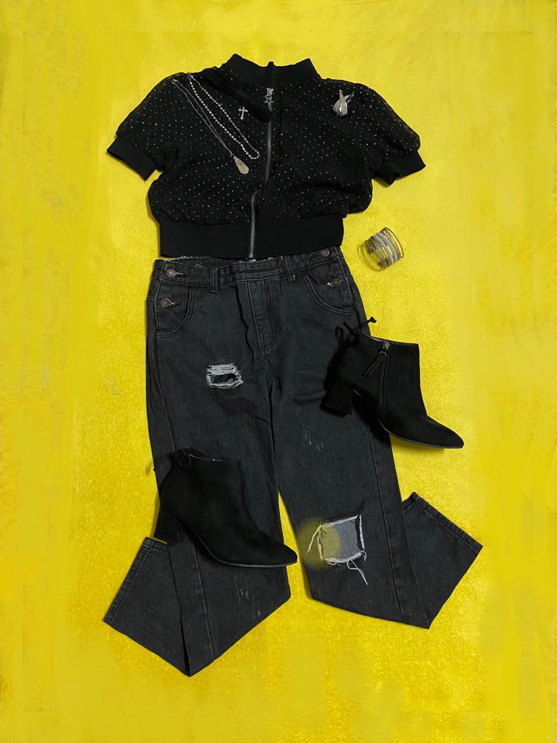 Rockstar Female Costume ( Black Zip-Up Cropped Jacket, Ripped Jeans ...