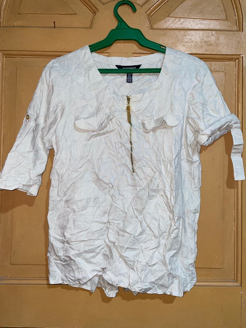 🇺🇸 XS Ellen Tracy 💯 Linen 3/4 Sleeves Quarter Zip Beige Shirt , Women's ...
