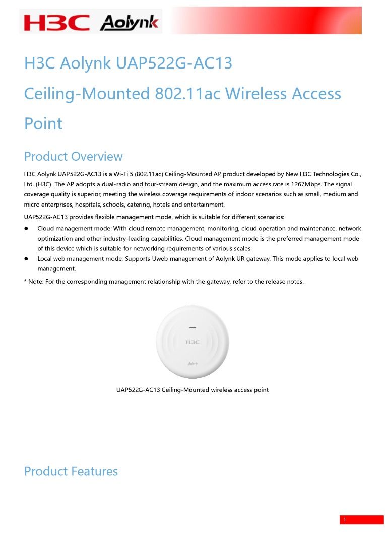 H3C Aolynk UAP522G-AC13 Ceiling Mounted 802.11ac Wireless Access Point, TV & Home Appliances ...