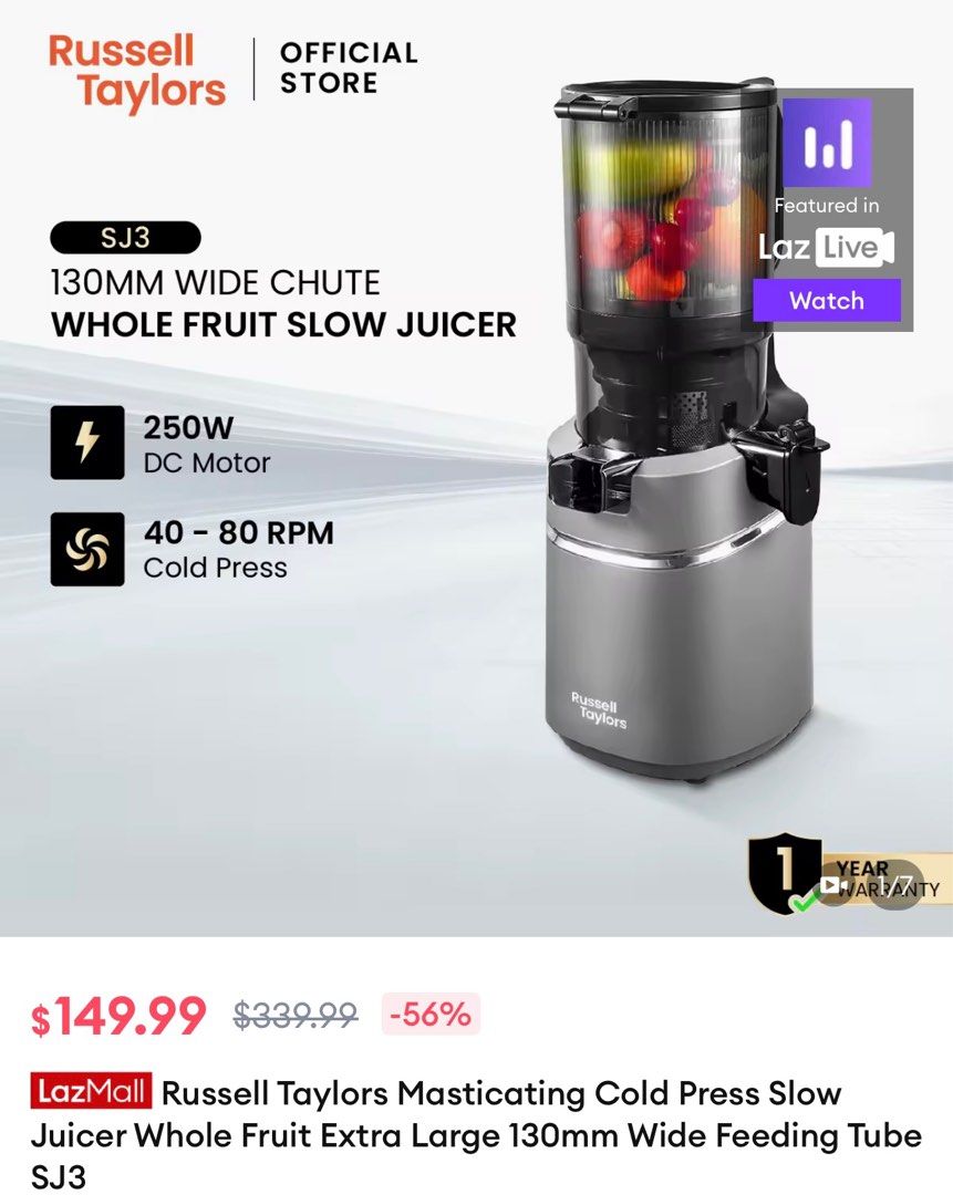 Russell Taylor cold pressed juicer, TV & Home Appliances, Kitchen ...