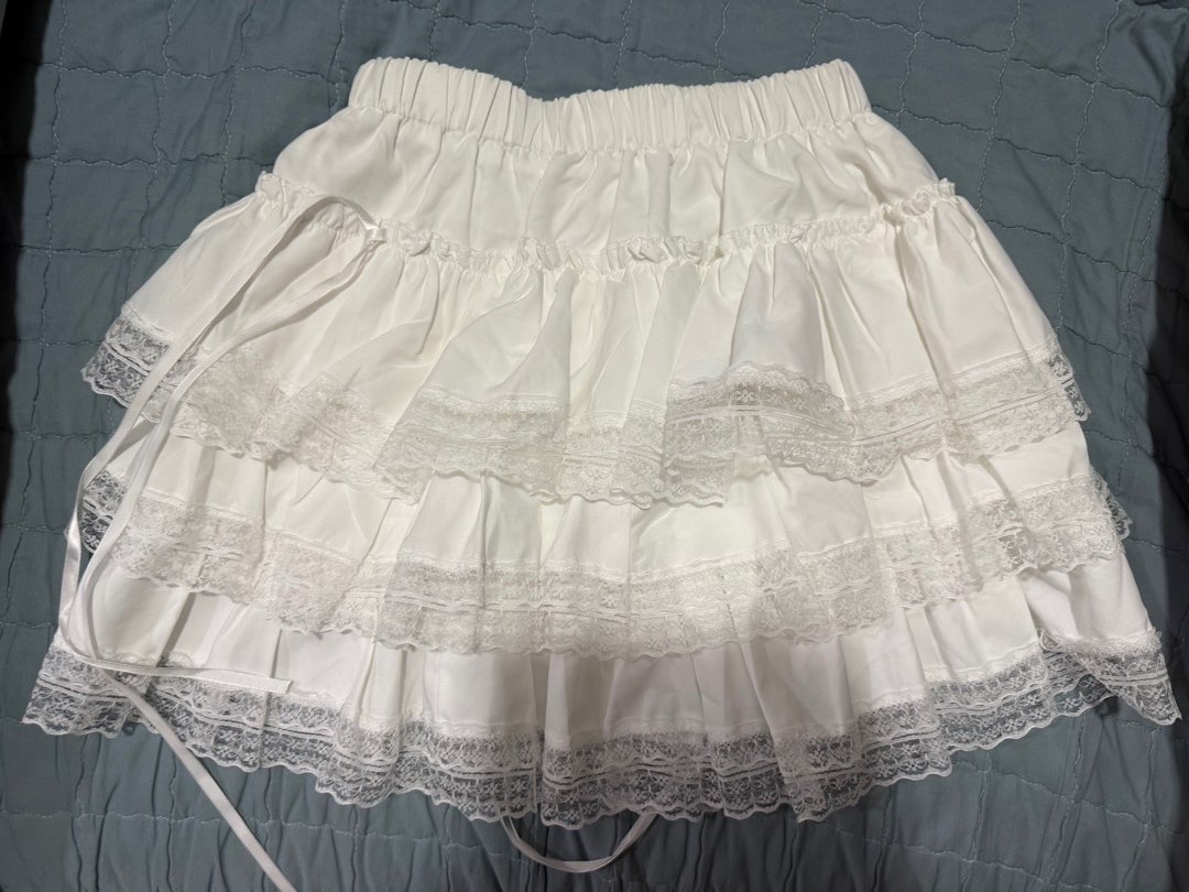 White Lace Ruffle Skirt, Women's Fashion, Bottoms, Skirts on Carousell