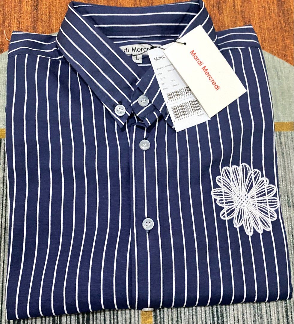 Mardi Mercredi Long sleeve shirt stripe blue, Fesyen Wanita, Pakaian ...