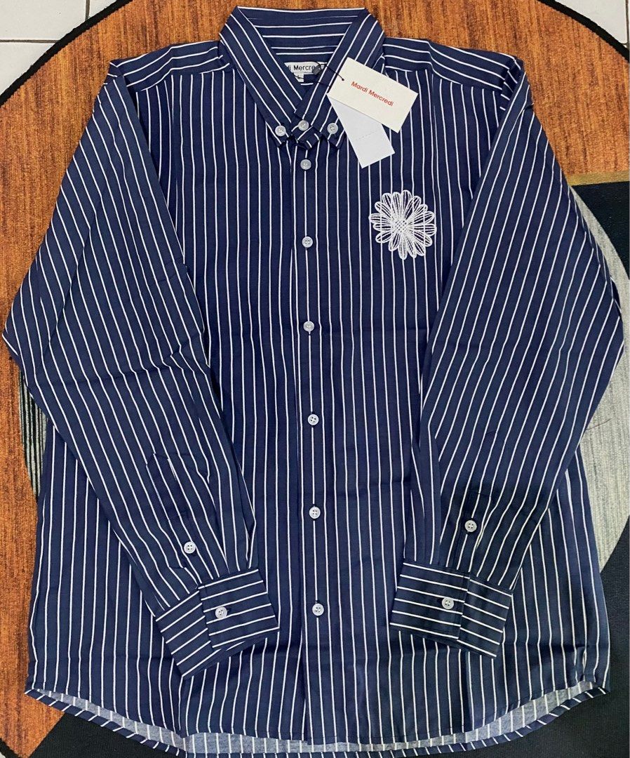 Mardi Mercredi Long sleeve shirt stripe blue, Fesyen Wanita, Pakaian ...