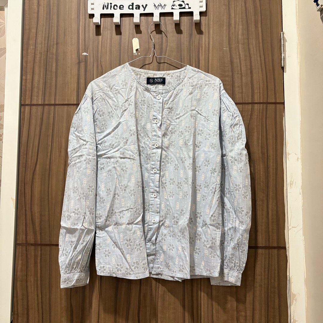 NHS Looks Blouse biru, Fesyen Wanita, Pakaian Wanita, Atasan di Carousell