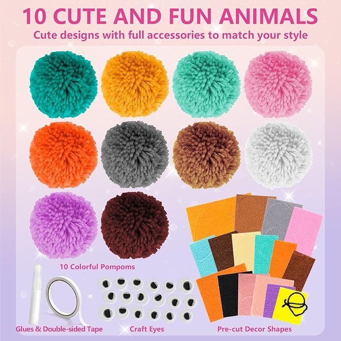 2221) 🧶 Pom Pom Animal Craft Kit 🧸 | DIY Plush Art Project for Kids Age 4-8 | Easy Toddler ...