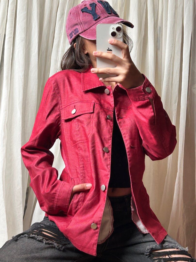Red denim jacket, Women's Fashion, Coats, Jackets and Outerwear on ...