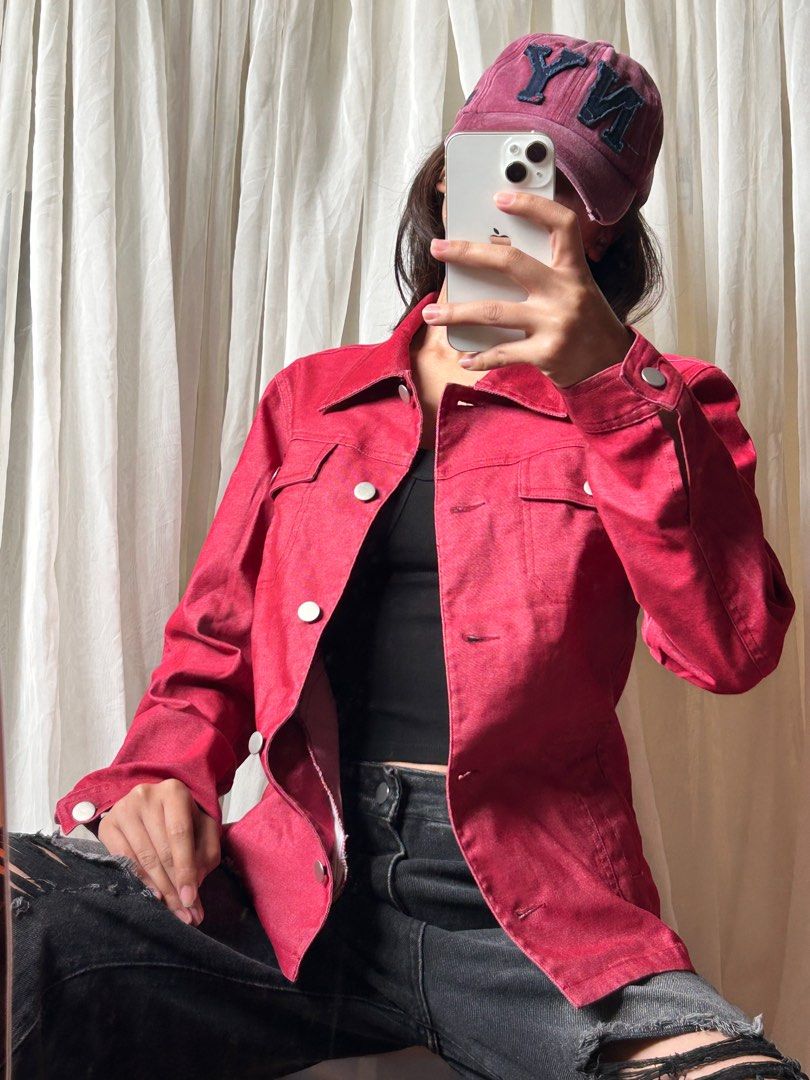 Red denim jacket, Women's Fashion, Coats, Jackets and Outerwear on ...