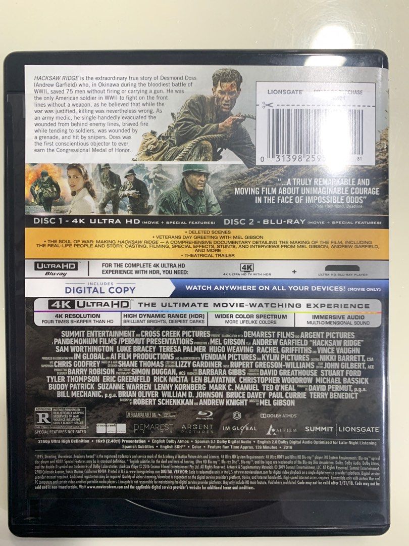 WTS/WTT Hacksaw Ridge 4K Ultra HD + Blu-ray + Digital, Hobbies & Toys ...