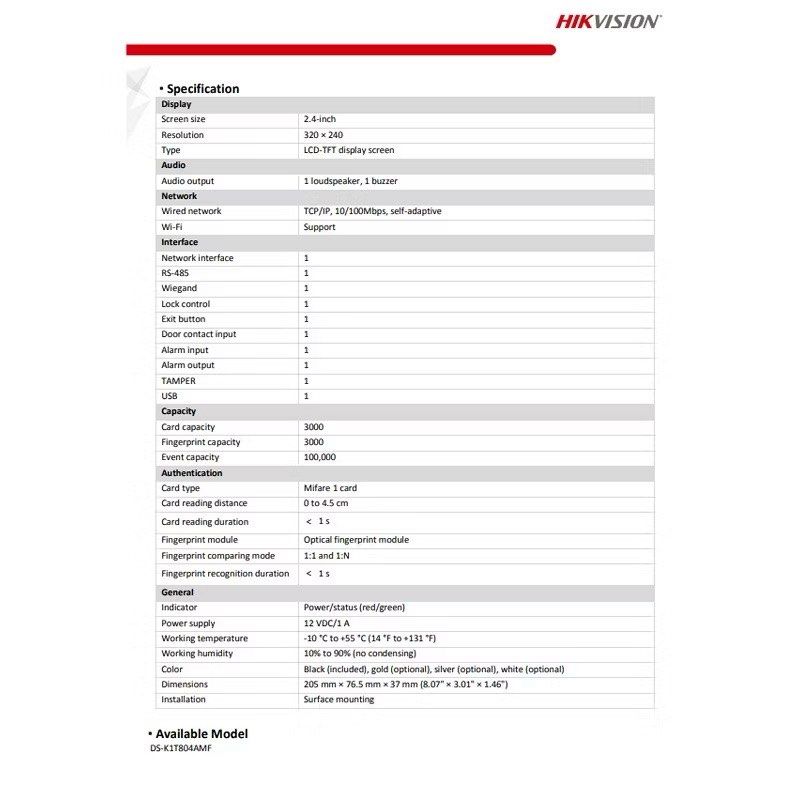 Hikvision DS-K1T804AMF Biometric Door Access Control Reader Terminal ...