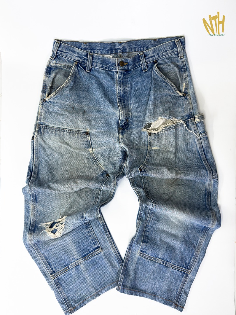 Carhartt double knee distressed denim leather patch (Rare color), Men's ...