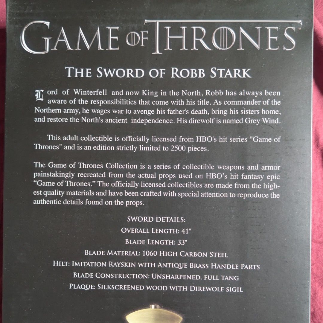 [Limited Edition] Robb Stark's Sword, Hobbies & Toys, Toys & Games on ...
