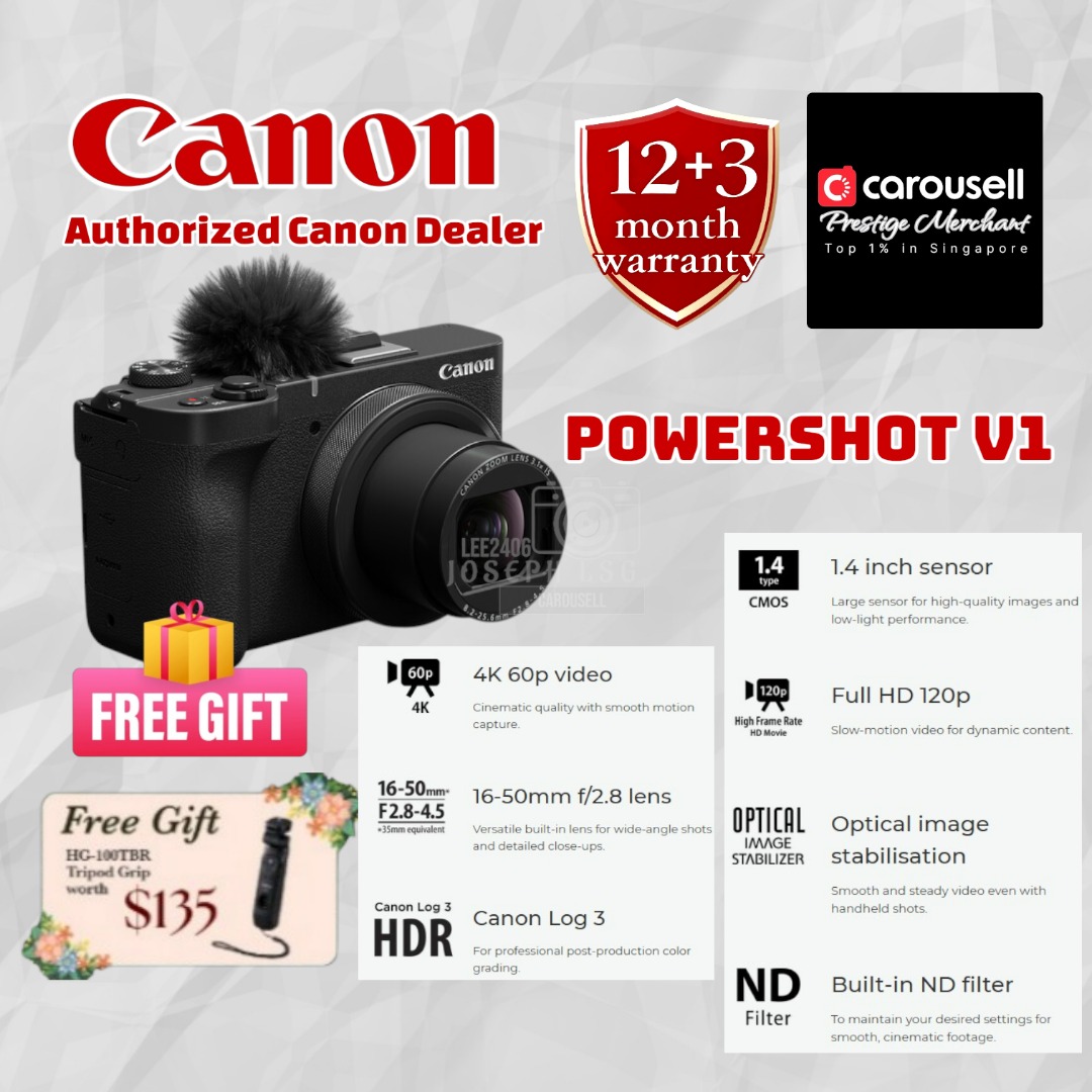 CANON PowerShot V1 Vlogging Digital Camera (FREE GIFT Canon Tripod Grip ...