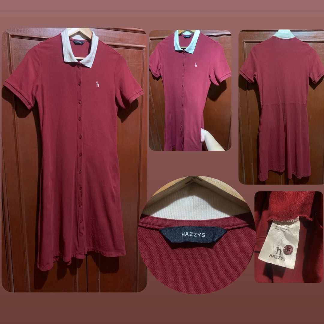 HAZZYS Burgundy Red Button Down Polo Shirt Dress - Casual Formal Party ...