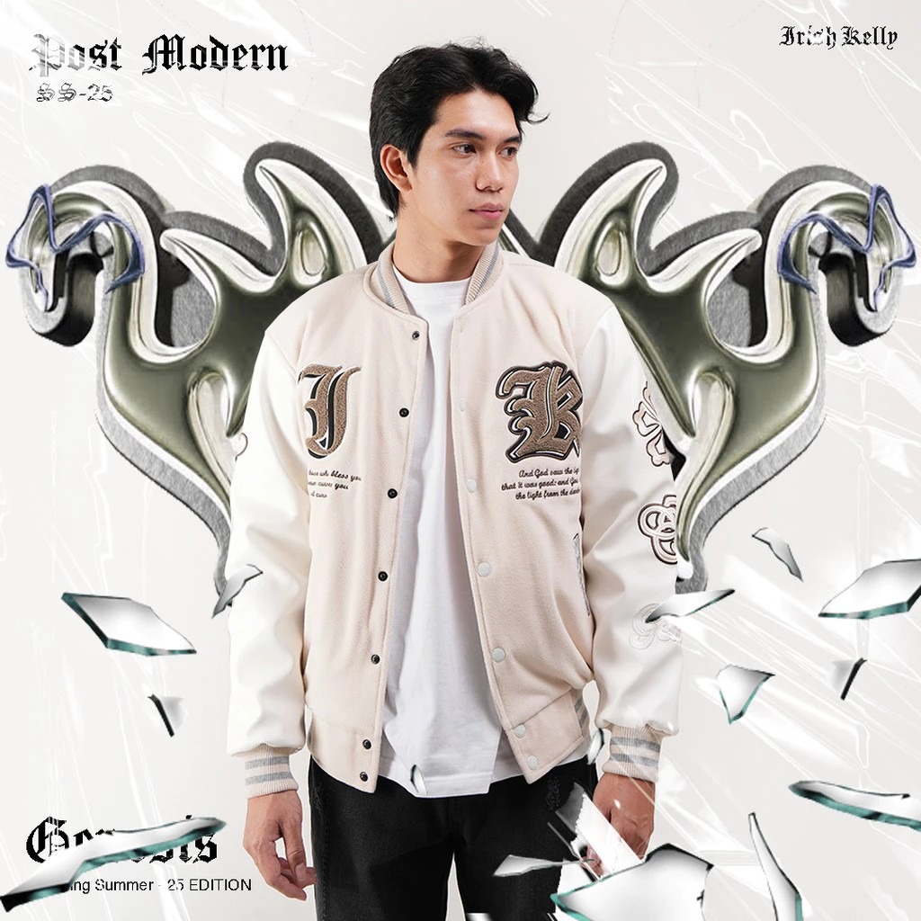 IRISH KELLY Genesis Varsity Jacket Cream, Fesyen Pria, Pakaian , Baju ...