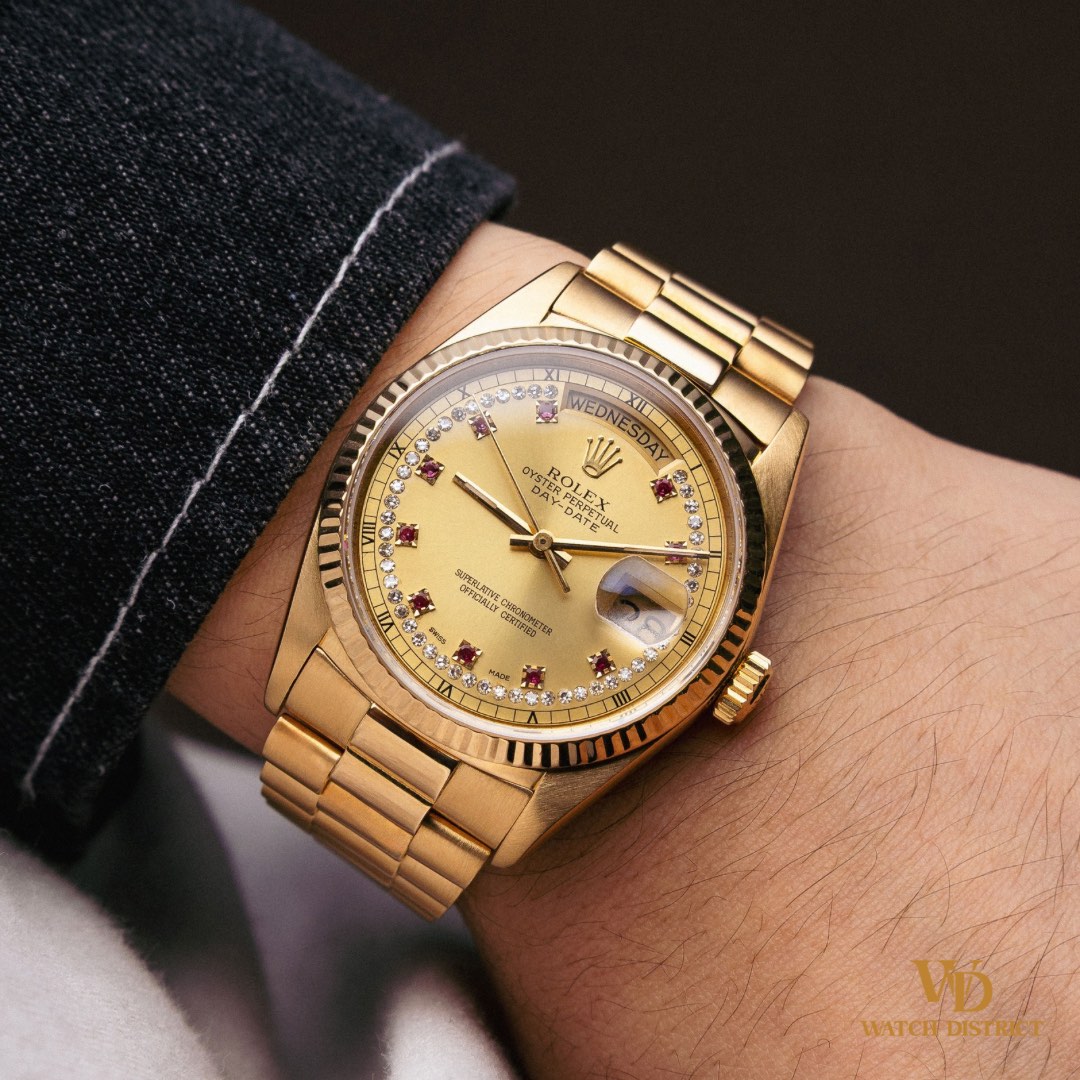 RARE Ruby String Diamond Dial 1991 36mm Rolex 18K Full Gold Day-Date ...