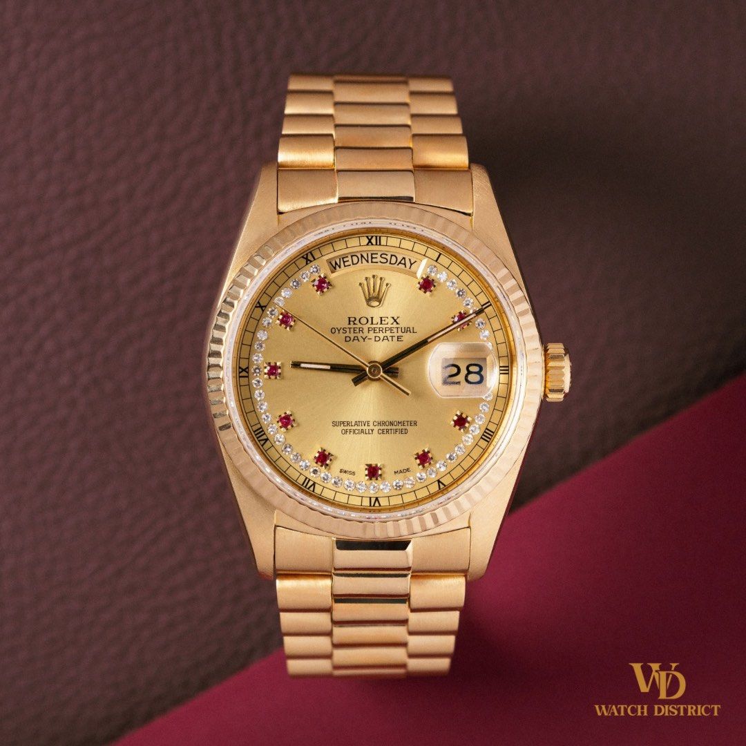 RARE Ruby String Diamond Dial 1991 36mm Rolex 18K Full Gold Day-Date 18038 N Series, Luxury ...