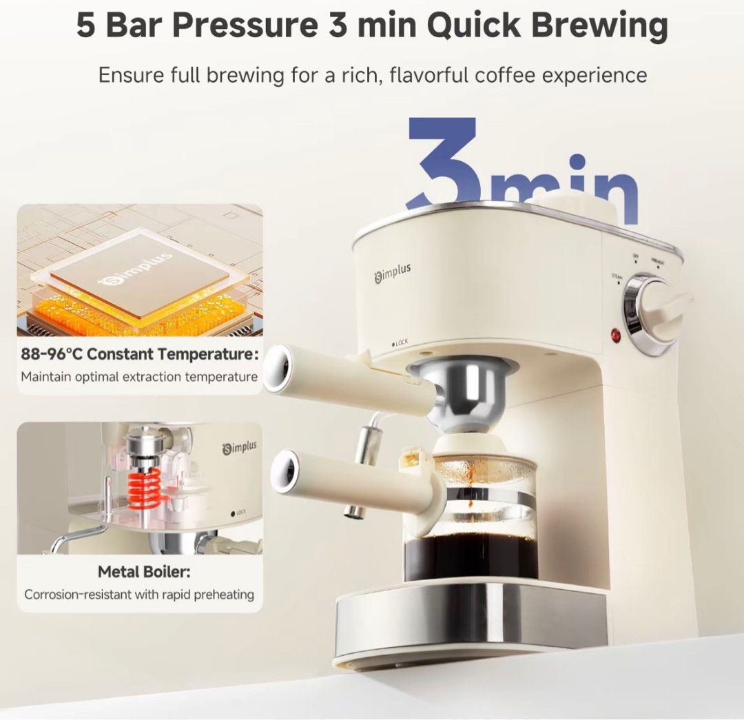 Simplus 5-Bar Espresso Machine - Cream White, TV & Home Appliances, Kitchen Appliances, Coffee ...