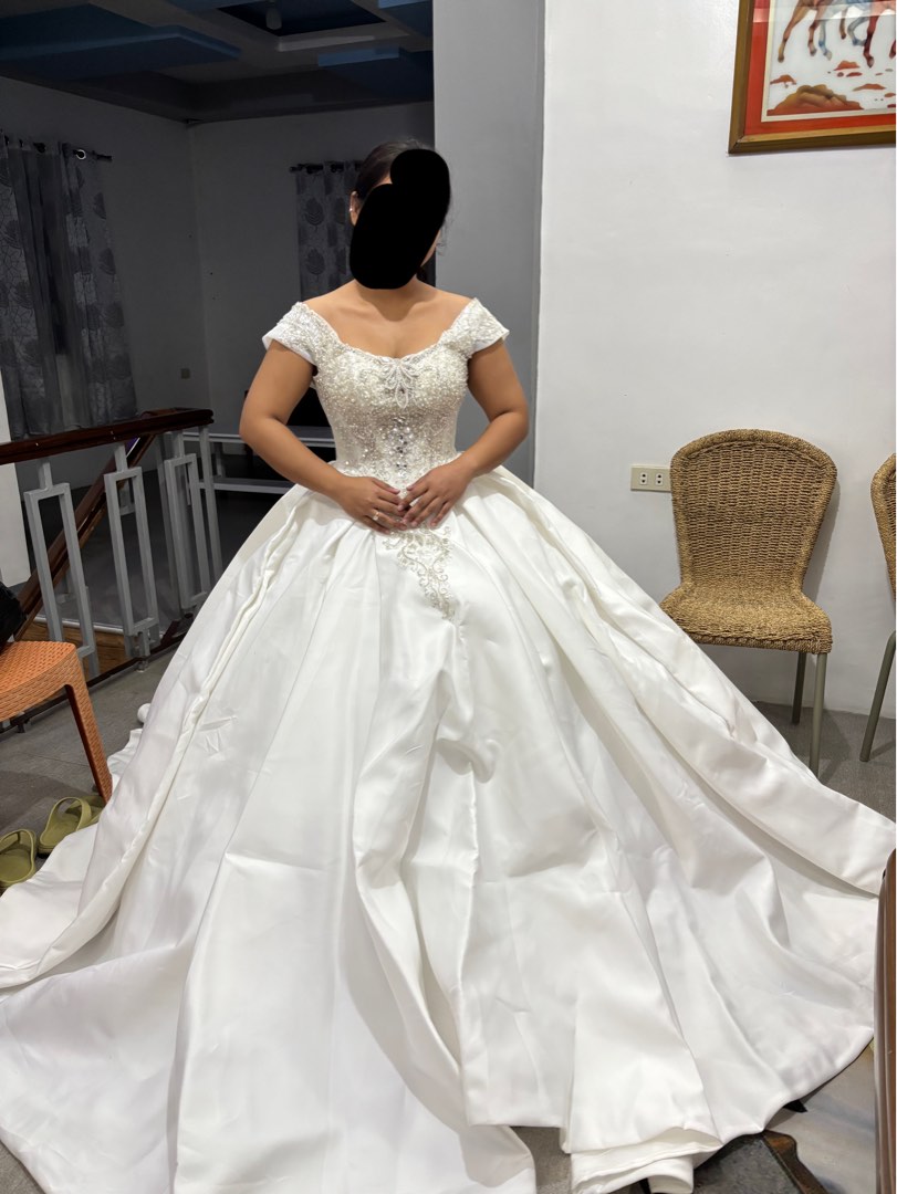 White Mikado Off-shoulder beaded bodice corset basque waist Wedding ...