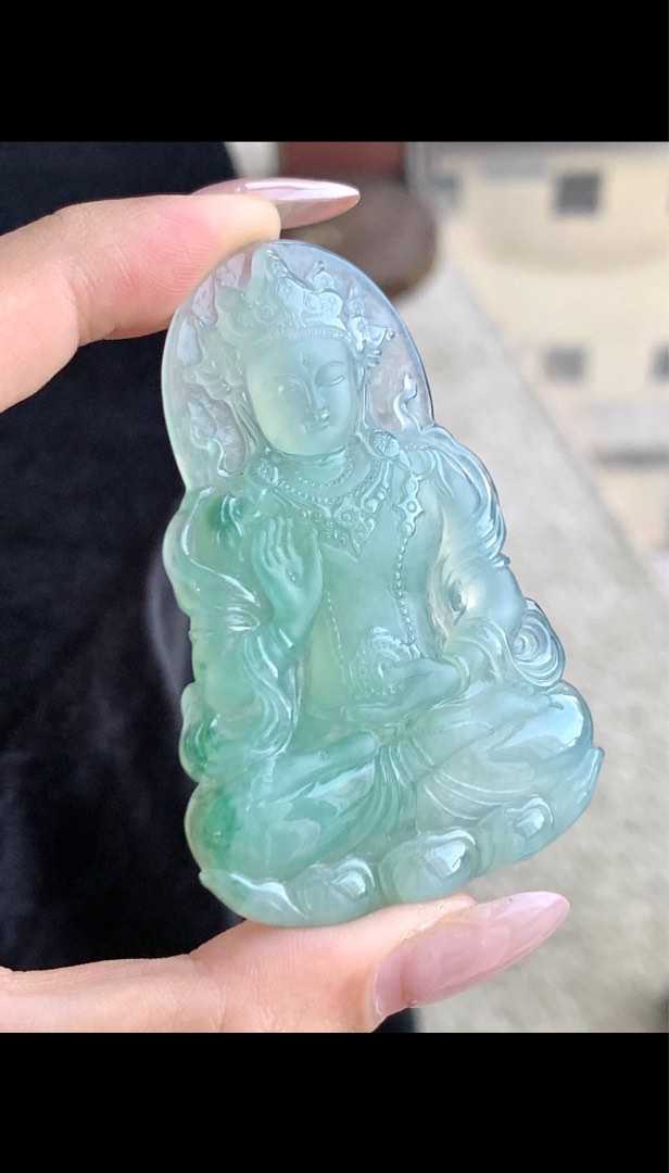 Icy Soft Floating Green DuMu Jadeite Pendant (糯冰飘绿渡母翡翠吊坠）, Women's ...