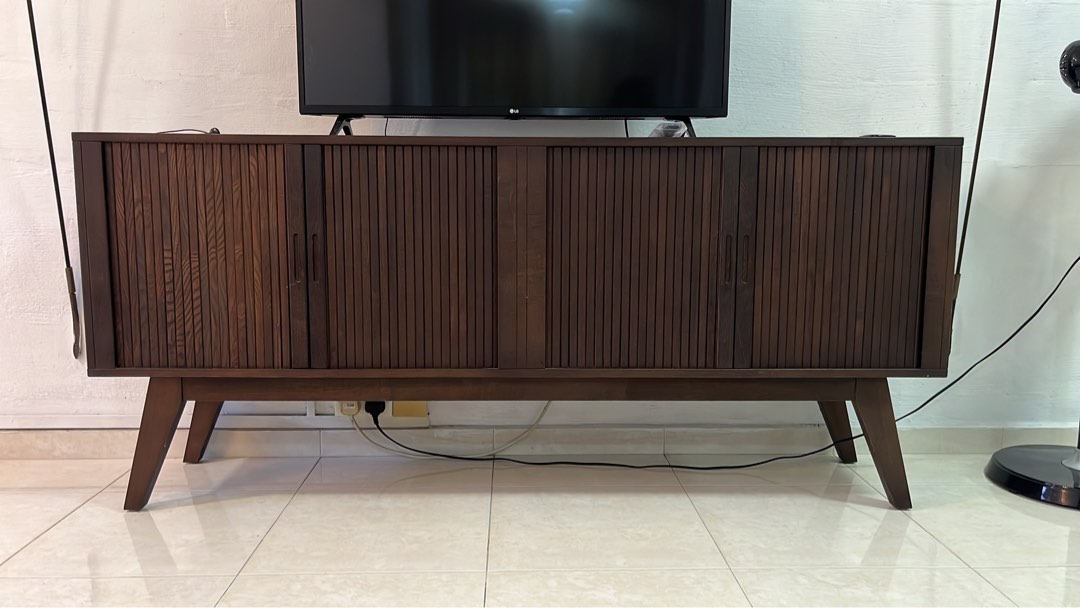 Walnut TV Console with Sliding Doors, Furniture & Home Living ...