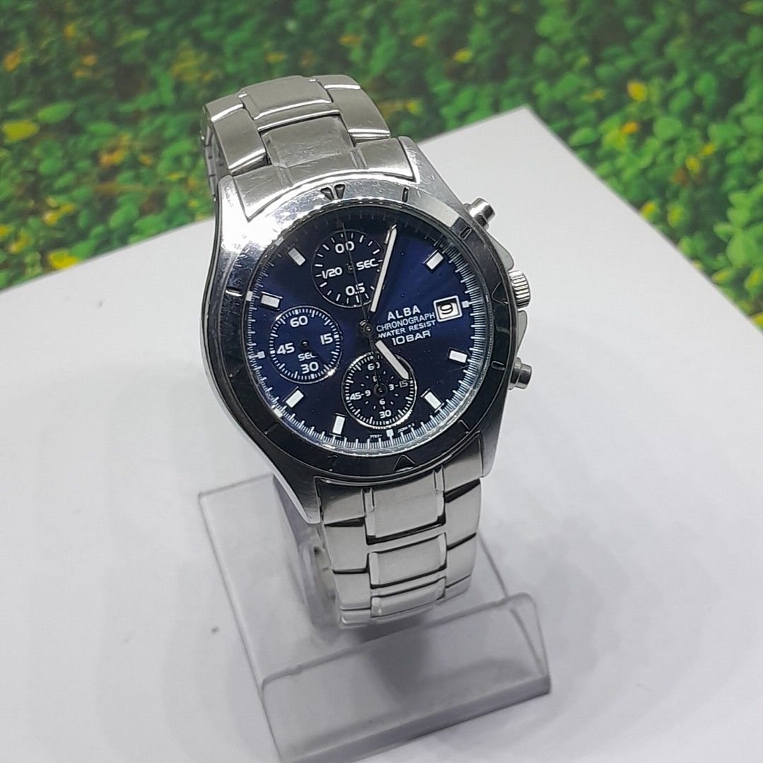 Seiko Alba Chronograph 7T92 0CV0 Blue dial, Fesyen Pria, Jam Tangan di ...