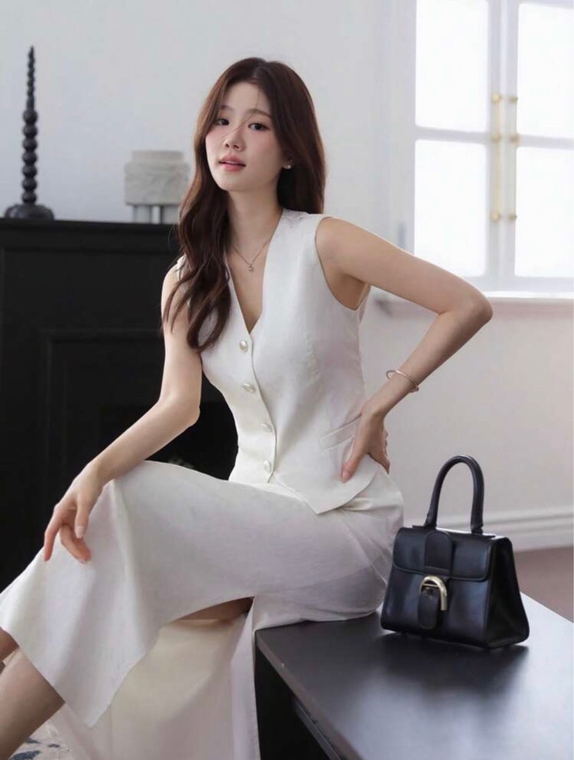 2pc set white vest maxi skirt OL floral gold pearl buttons old money ...