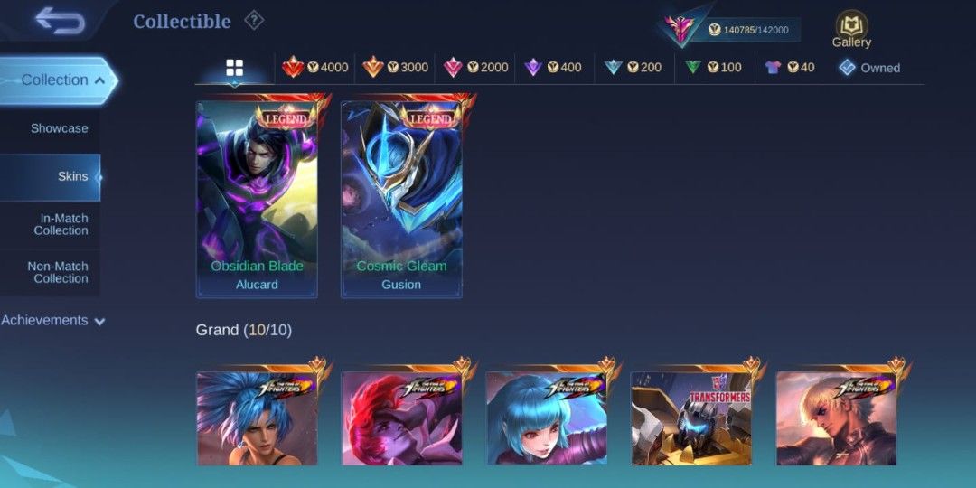 380Skins🔸 Legend: Gusion, Alucard🔸 KOF: Chou, Aurora, Gusion, Dyrroth 🔸 ...