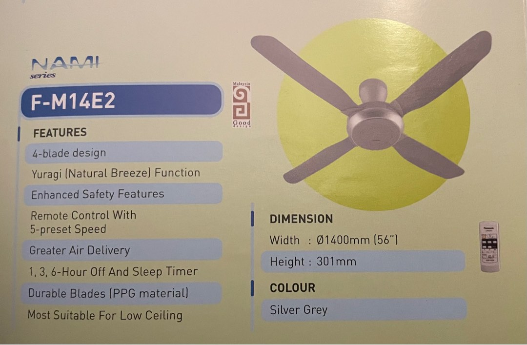 NAMI F-M14E2 Ceiling Fan with Remote - Silver Grey, Furniture & Home ...