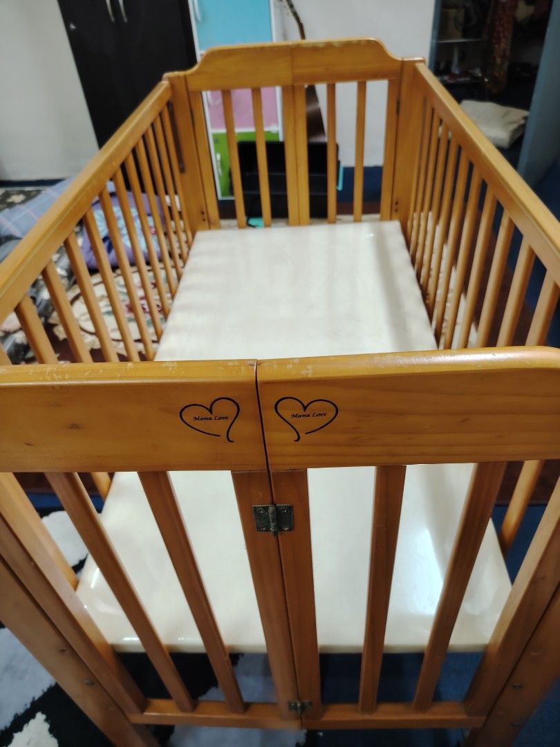Wooden Baby Cot with Wheels sekali tilam, Babies & Kids, Baby Nursery ...