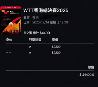 WTT Hong Kong Final 香港總決賽 2025 門票 11/12 S4 PM, 門票＆禮券, 活動門票 - Carousell