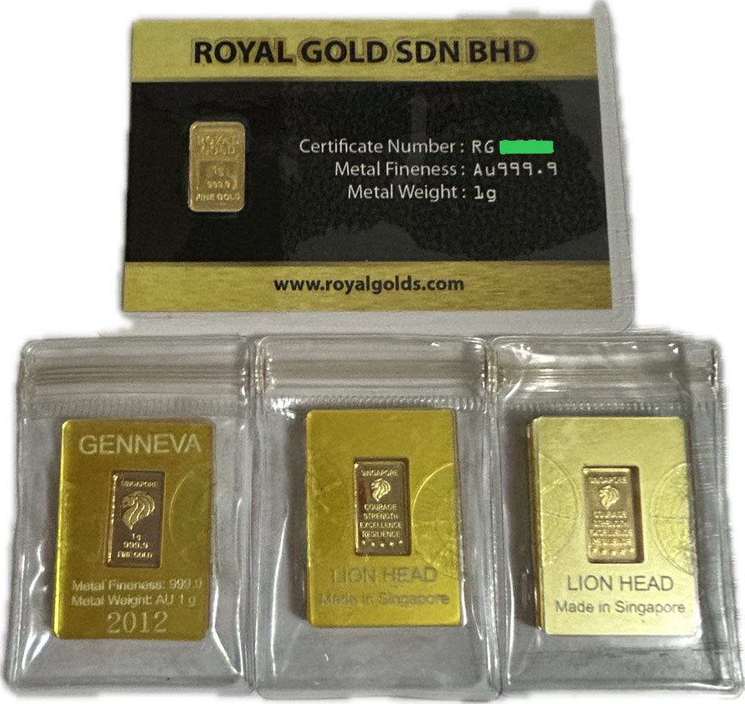 Bar AU999.9 ROYAL GOLD SDN BHD 1g GENNEVA Singapore 2012 fine gold Lion ...