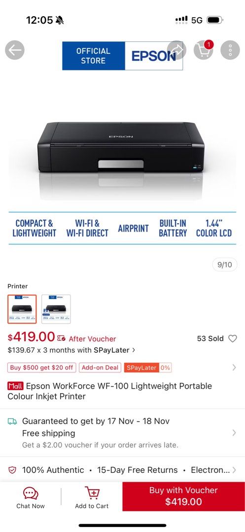 EPSON WF-100 Portable Inkjet Printer, Computers & Tech, Printers ...