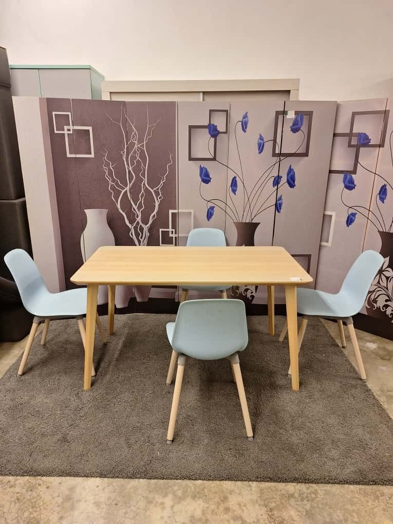Light Wood Rectangular 4-Seater Dining Table with Light Blue Plastic ...