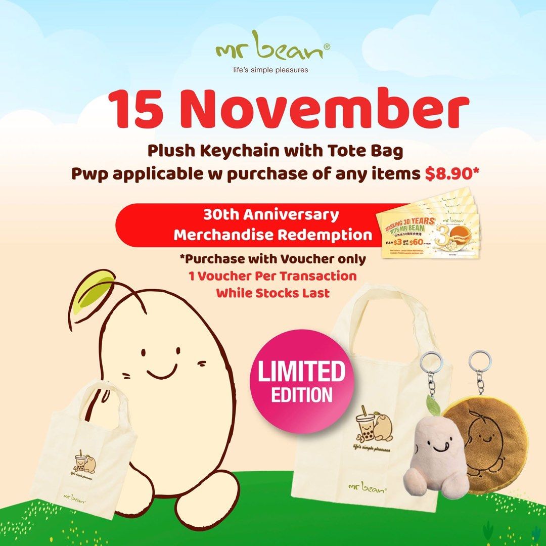 Mr Bean 30th Anniversary Plush Keychain & Tote Bag with free voucher ...