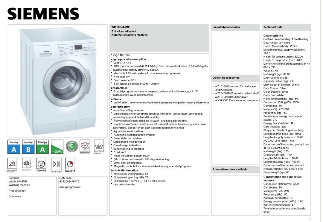 SIEMENS varioPerfect E14-44 Front Load Washer – German Engineering, TV ...