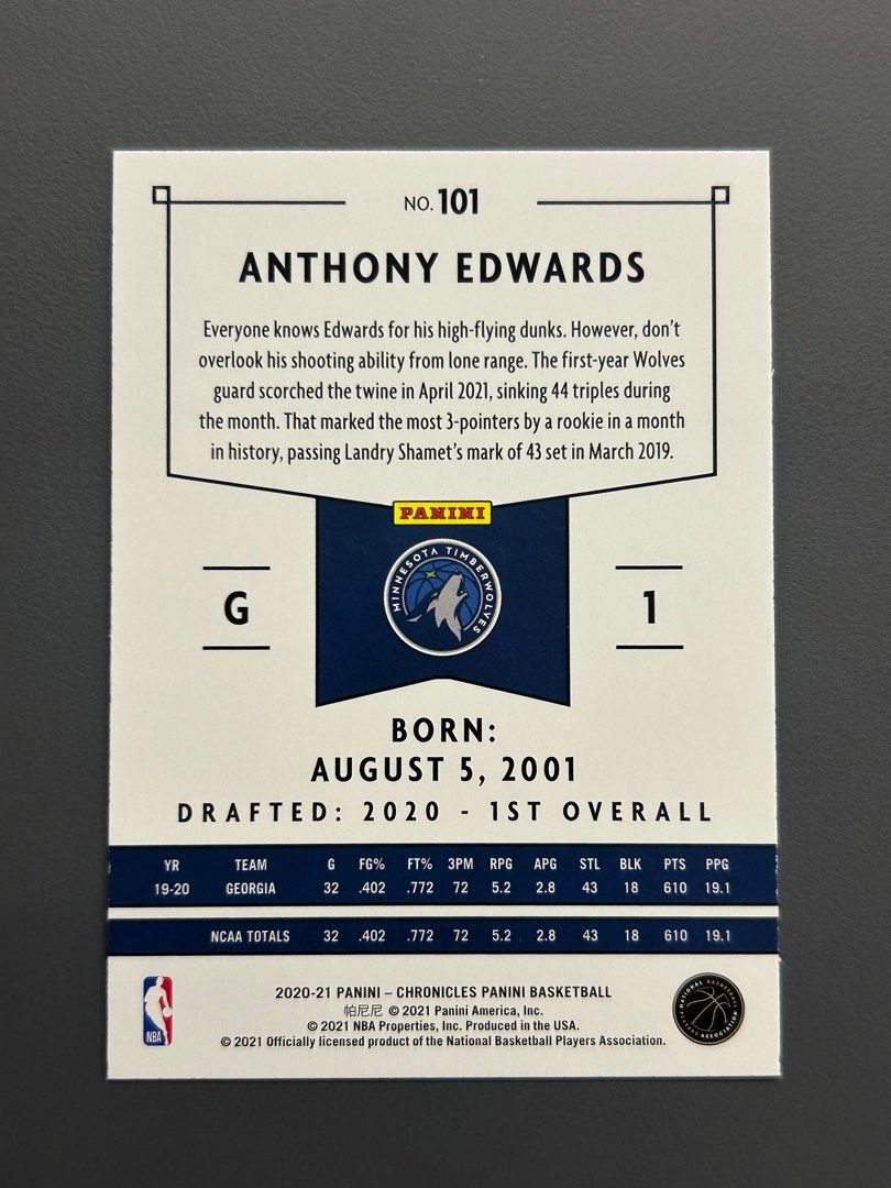 2020-2021 Panini Chronicles Anthony Edwards Rookie Card, Hobbies & Toys ...