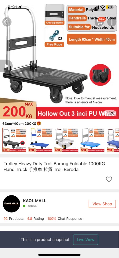 Foldable Heavy Duty Troli Barang Hand Truck 1000KG, Furniture & Home ...