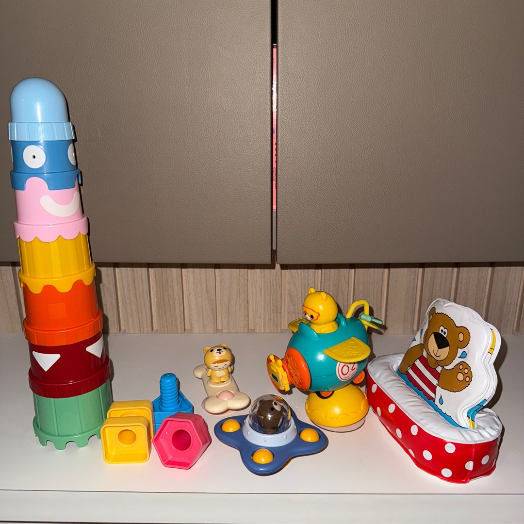 IKEA Stacking Cups, fidget spinner toys, screw motor skills toy, and ...