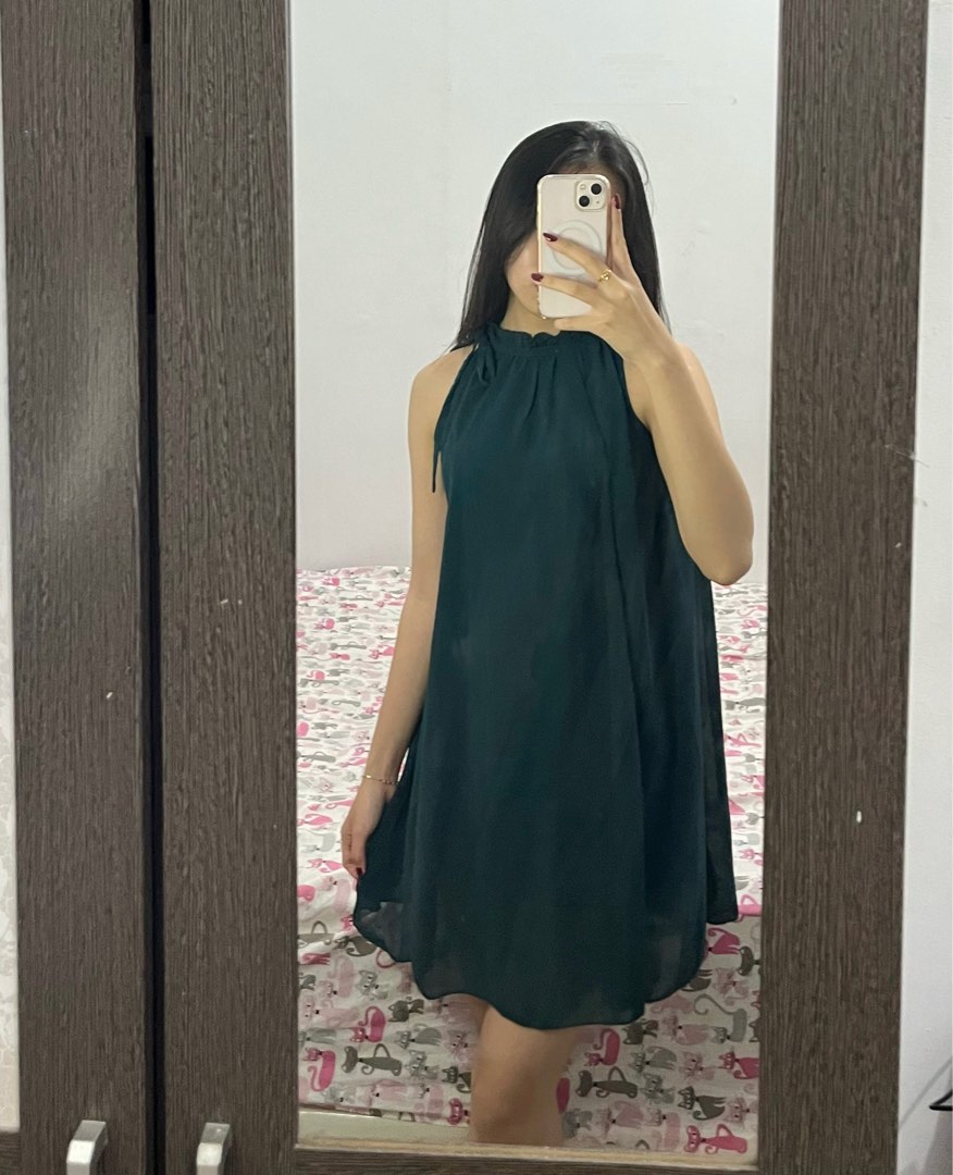 Midi Dress Green Natal Gaun Natal Sifon Furing Premium, Fesyen Wanita ...