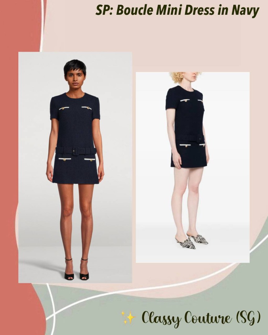 Self Portrait Navy Boucle Belted Tweed Mini Dressv, Women's Fashion ...
