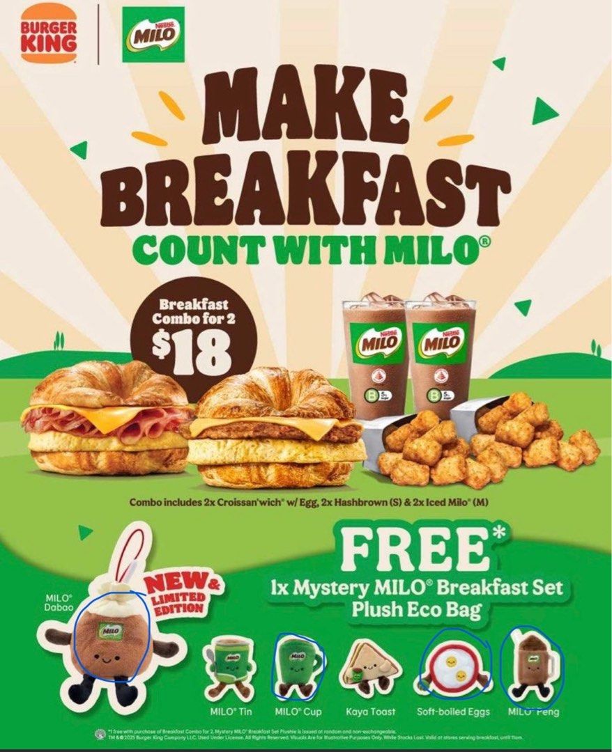 WTS/ WTT Burger King x Milo Tin Breakfast Collectible Plush (milo dabao, milo peng, milo cup ...