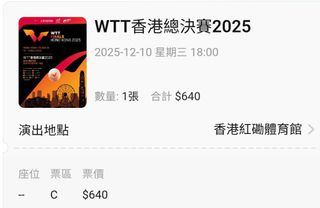 WTT Hong Kong Final 香港總決賽 2025 門票 11/12 S4 PM, 門票＆禮券, 活動門票 - Carousell