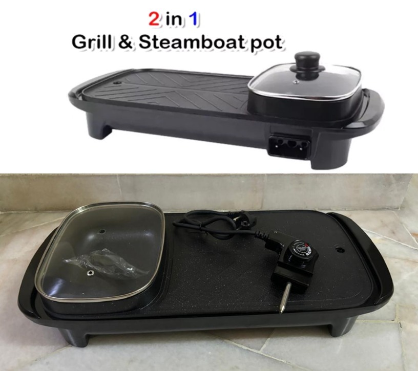 2 IN 1 Electric BBQ Grill Pan Teppanyaki Hot Pot Steamboat Frying ...
