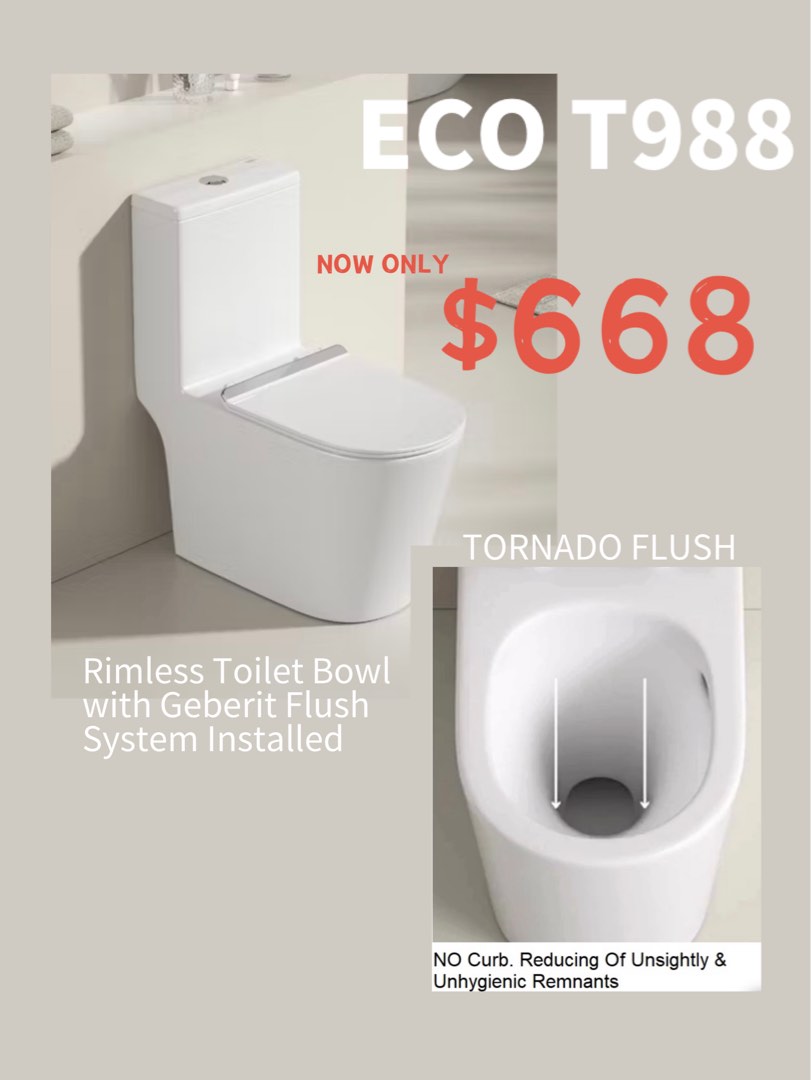 🔥BEST SELLER🔥EACO T988 Rimless Toilet Bowl with Geberit Flush System ...