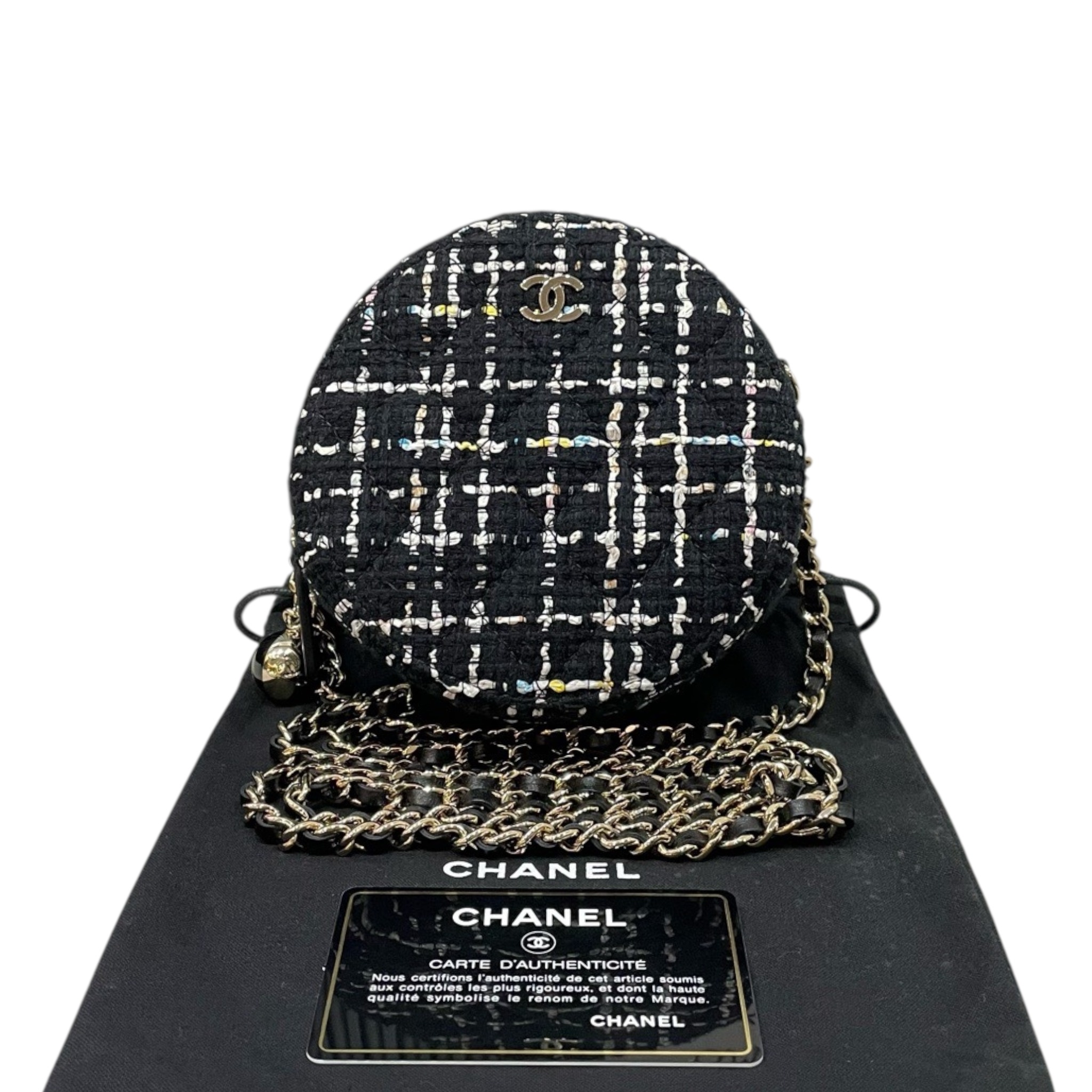 Chanel Round Clutch With Chain in Black Tweed, Luxury, Bags & Wallets ...