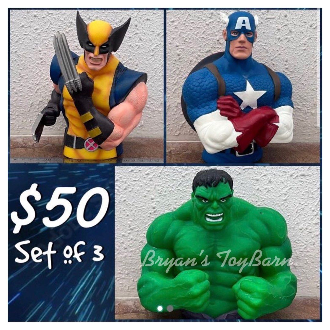 Marvel Hulk, Wolverine & Capt America Bust Coin Bank Roto-Cast Hard ...