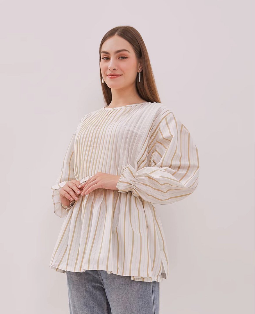 Pleated blouse with removable string in Stripe Pastel Yellow, Women's ...